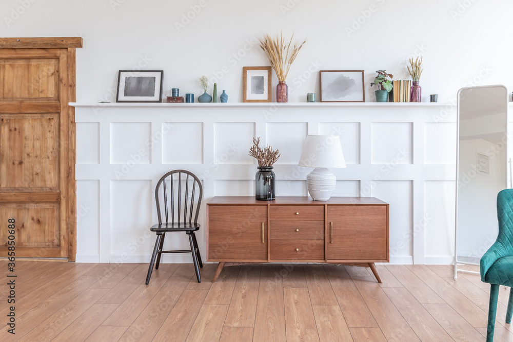 Vintage studio apartment interior in light colors in old style. huge ...