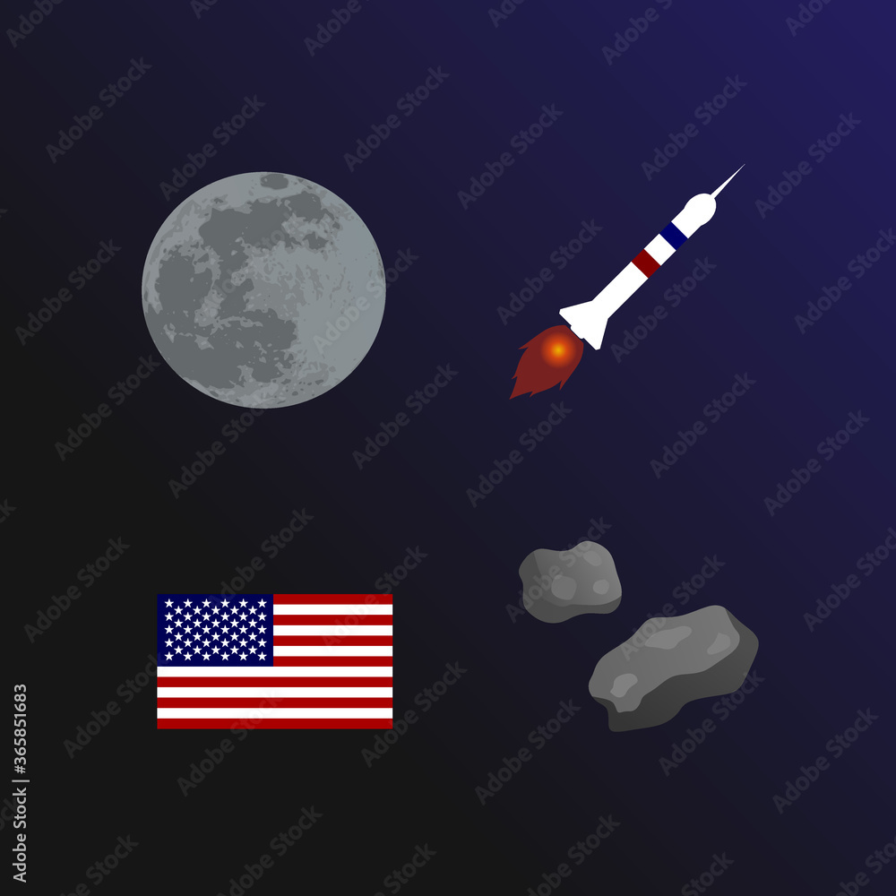 moon, rocket, flag, asteroid flat vector collection set, relevant for ...