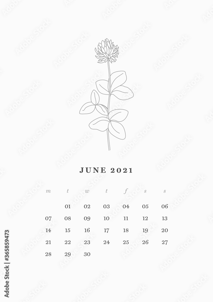 06 of 13 - JUNE Month, Flowers Line Art Calendar 2021 Year. Floral ...