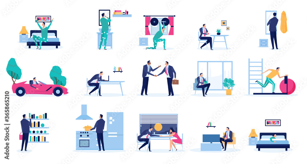 Vector set of a daily routine of a busy business man Stock Vector ...