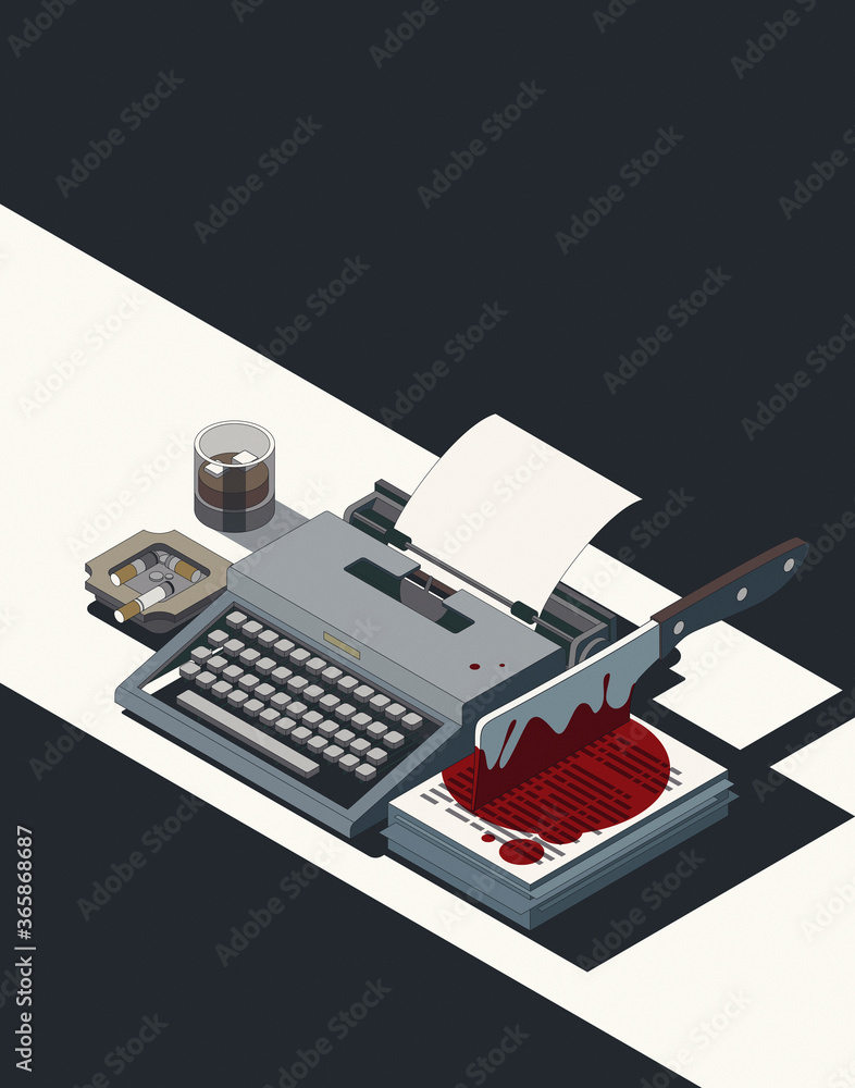 Horror movie concept: vintage typewriter and cleaver with blood Stock ...