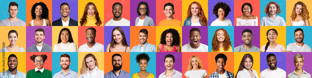 Set Of Positive People Portraits Posing Over Bright Backgrounds ...
