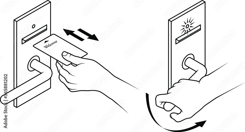 Electronic keycard door opening instructions diagram. Insert and remove ...