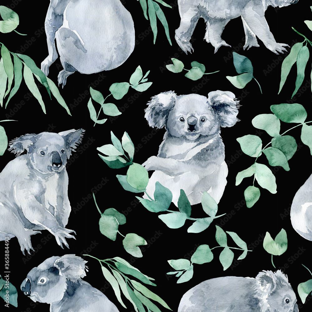 watercolor seamless pattern with koala with eucalyptus branches. The ...
