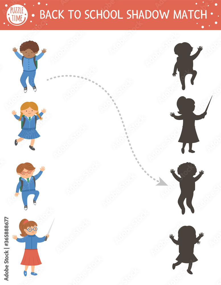 Back to school shadow matching activity for children. School puzzle ...