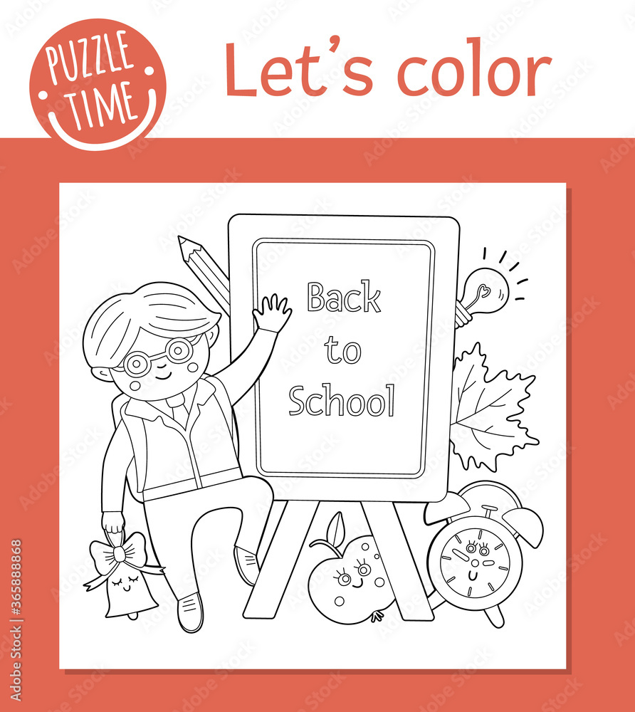Back to school coloring page for children. Cute funny schoolboy ...