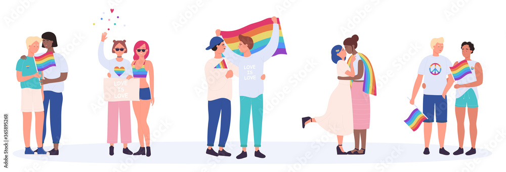 LGBT couple people vector illustration. Cartoon flat happy interracial ...