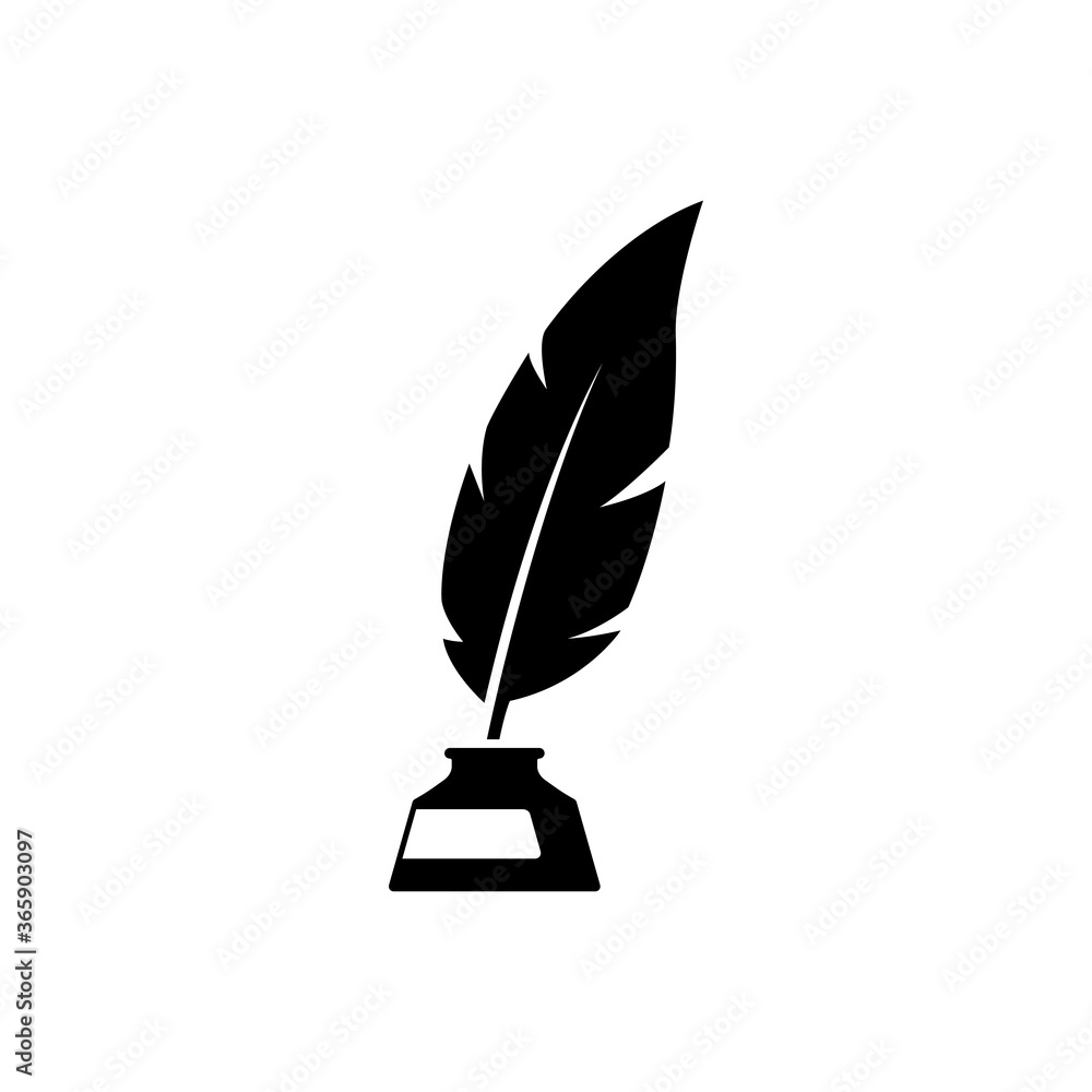 Simple quill and Inkwell icon. Feather pen with inkpot logo. Vector ...