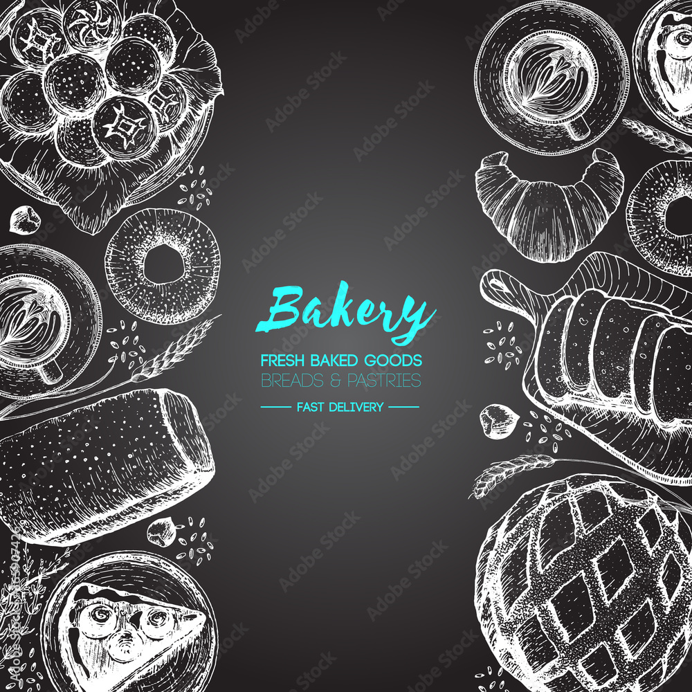 Bakery background. Bakery top view frame. Hand drawn sketch with bread ...