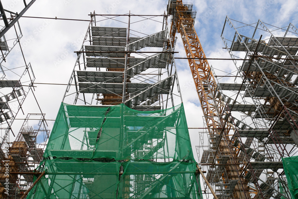 SEREMBAN, MALAYSIA -MAY 24, 2020: Temporary access and metal staircase ...