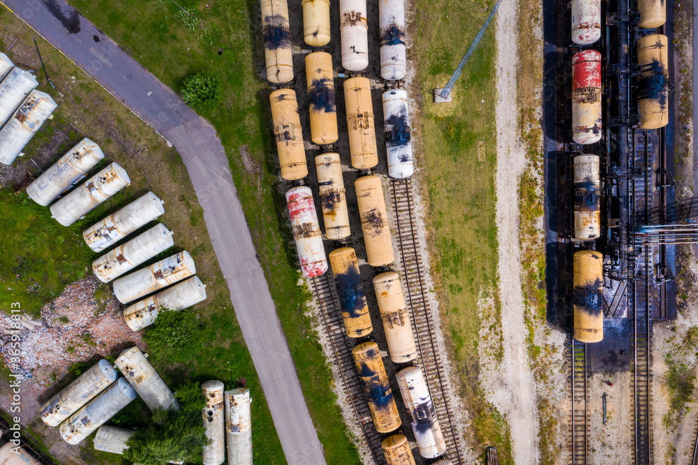 Top aerial view of cargo trains. Aerial view from flying drone of ...