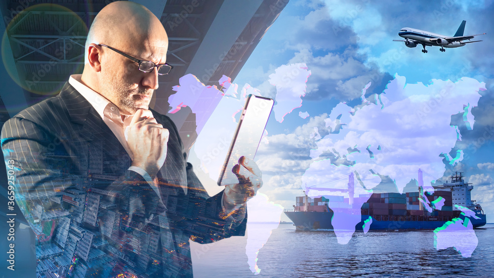 Cargo transportation. Man next to silhouettes of continents ...