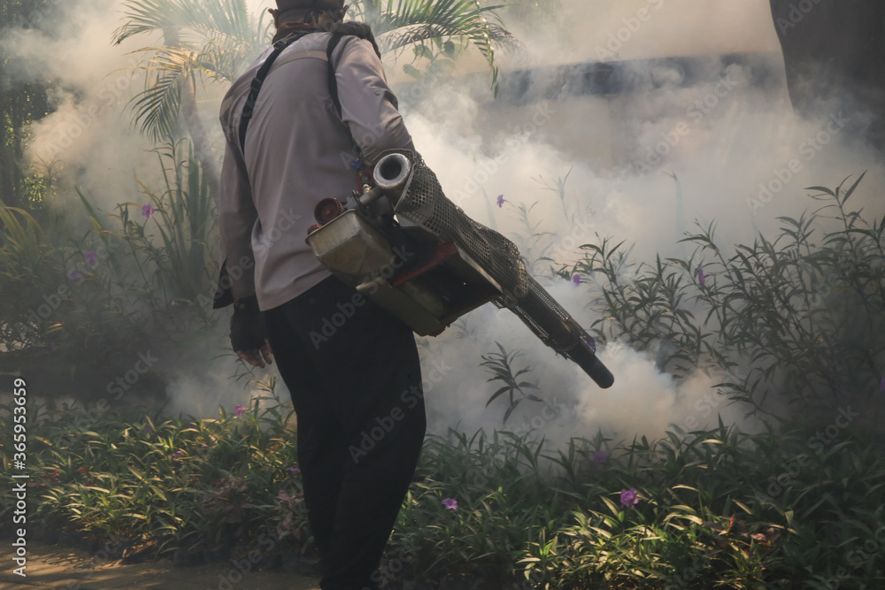 Handheld mosquitos fogger. Man fogging to eliminate mosquitos from the ... Handheld mosquitos fogger. Man fogging to eliminate mosquitos from the ...