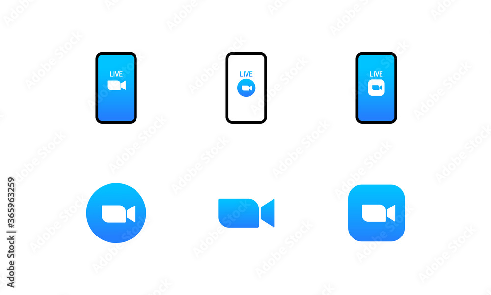 Blue camera icon set. Conference video calls. Live media streaming ...