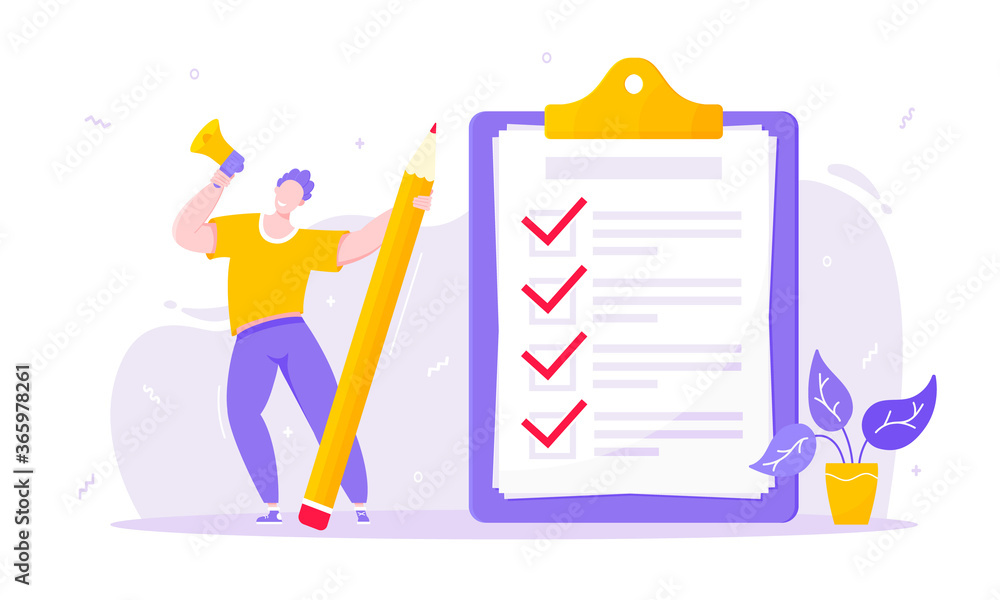 Task done business concept with tiny person with megaphone, pencil ...