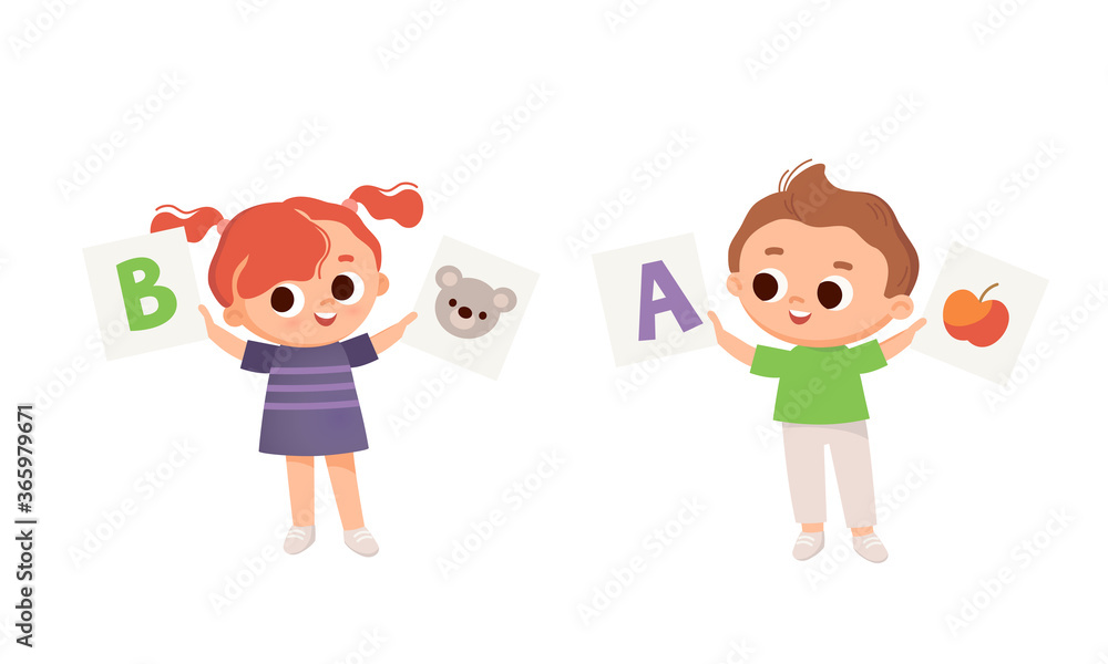 Two Kids, boy and girl holds leanning flashcards. Kids with english ...