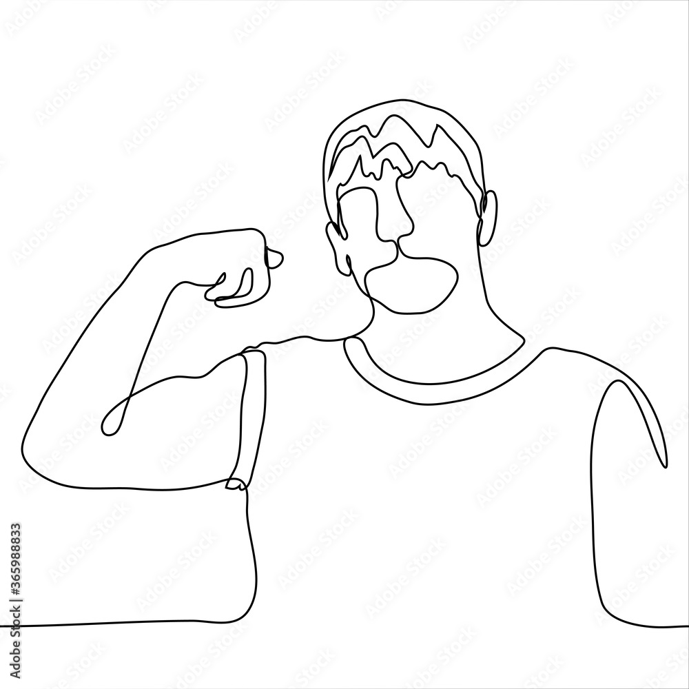 one line drawing of a sporty man bent his arm at the elbow protruding ...