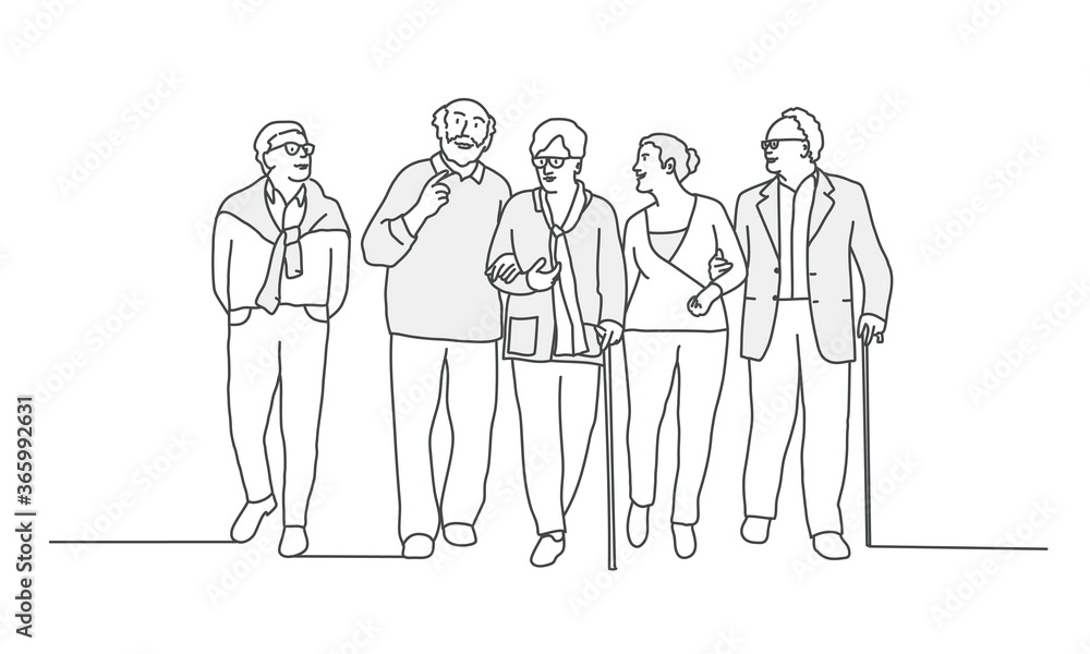Old people walking together. Line drawing vector illustration. Stock ...