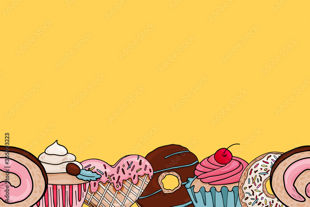 Seamless border with sweets donuts lollipop and cakes. Vector ...