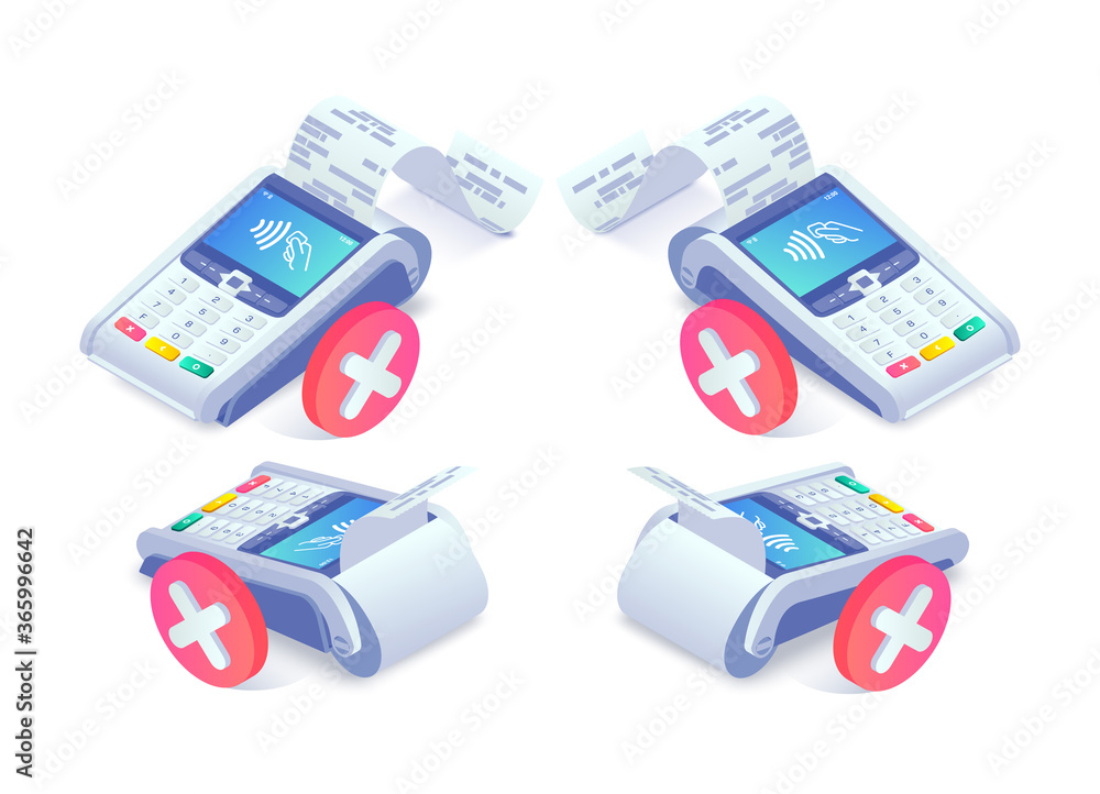 Isometric shopping, error contactless payments via smartphone concept set. 3d payment terminal ...
