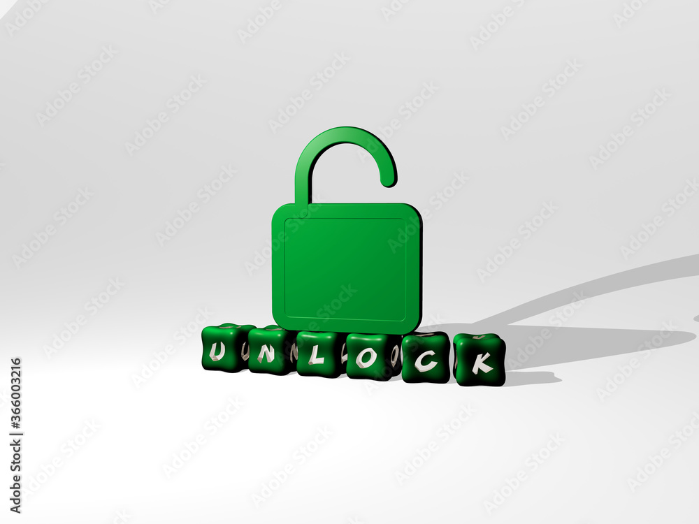 3D representation of unlock with icon on the wall and text arranged by ...