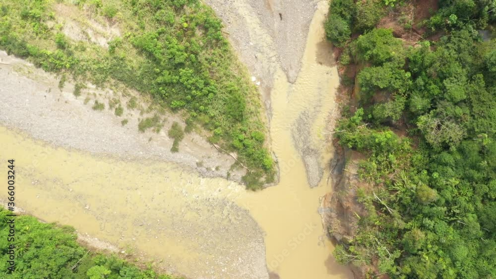 Zooming in very slowly at two small rivers with a brown color from the ...