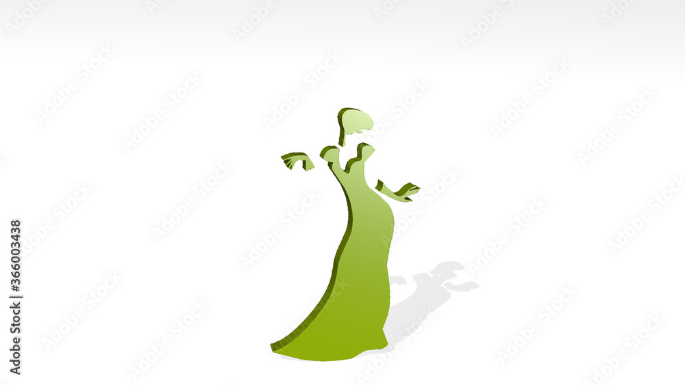 DANCER on the wall. 3D illustration of metallic sculpture over a white ...
