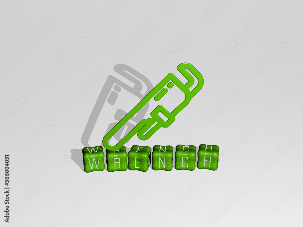 3D representation of wrench with icon on the wall and text arranged by ...
