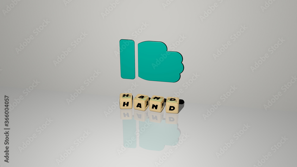 3D illustration of hand graphics and text made by metallic dice letters ...