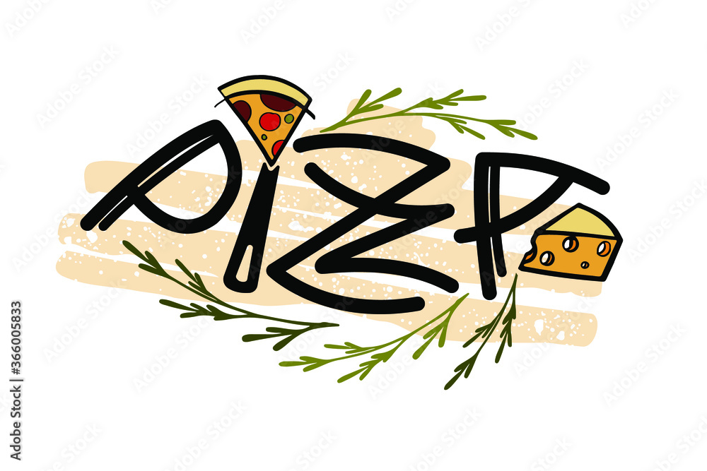 Pizza text vintage design. Pepperoni slice and yellow cheese on brush ...