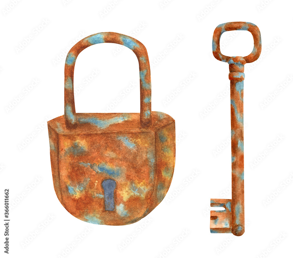 Watercolor rusty lock and key illustration. Hand drawn old vintage ...