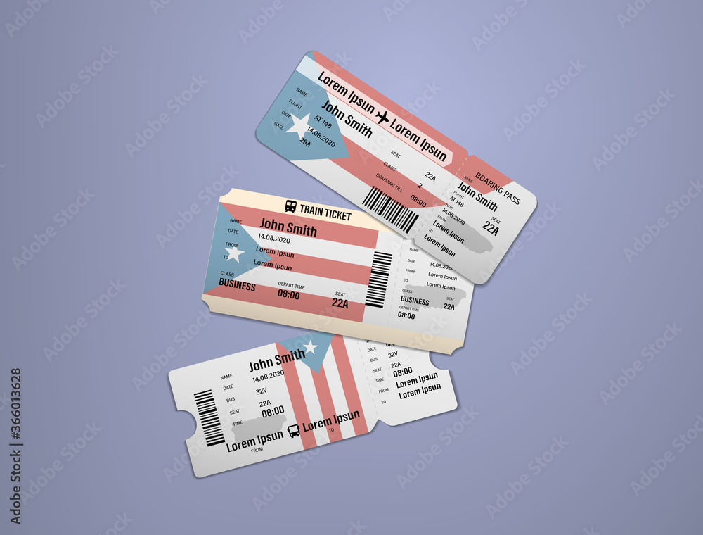 Modern design of Puerto Rico airline, bus and train travel boarding ...