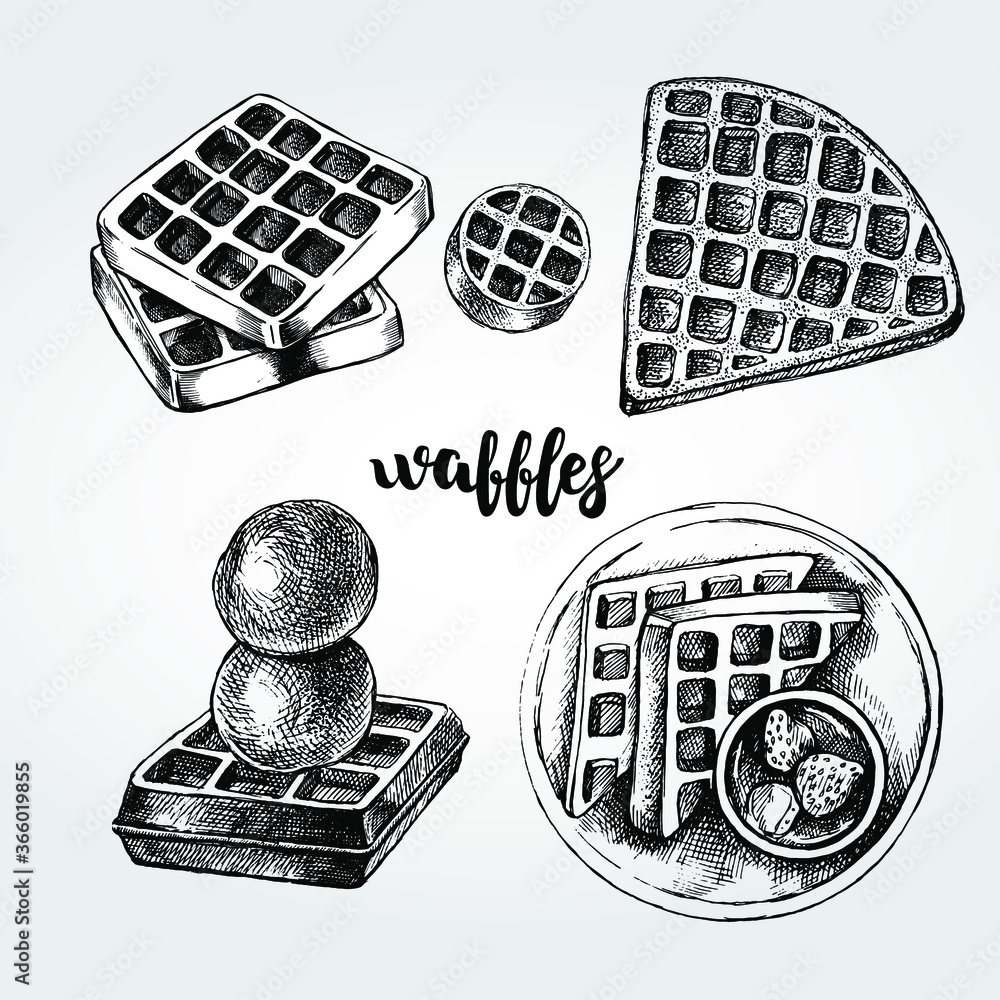 Set of different waffles. Ink hand drawn Vector illustration with brush ...