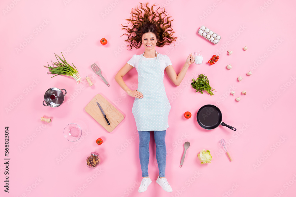 Full size high angle top above flat lay view photo of pretty housewife ...