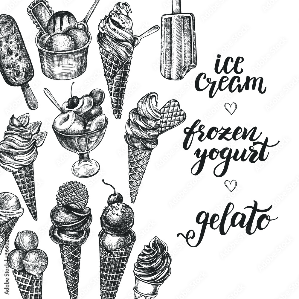 Ink hand drawn background with different types of ice cream, italian ...