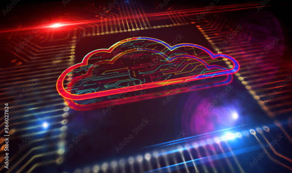 Processor factory with laser burning of cyber computing cloud symbol ...