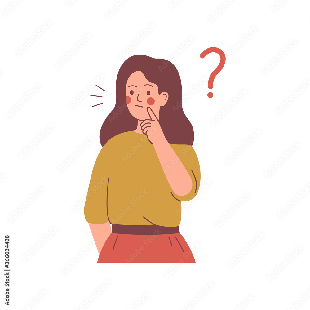 Vecteur Stock Young girl doubts and has a question. woman in casual ...