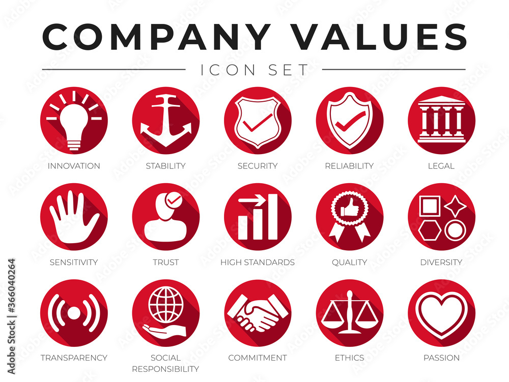 Business Flat Icon Set of Company Core Values. Innovation, Stability ...