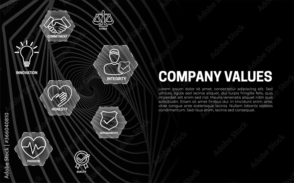 Company Values Banner Black Background with Icons Stock Vector | Adobe ...