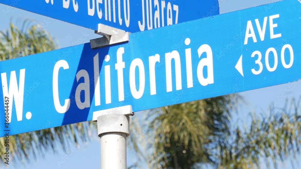 California street road sign on crossroad. Lettering on intersection ...
