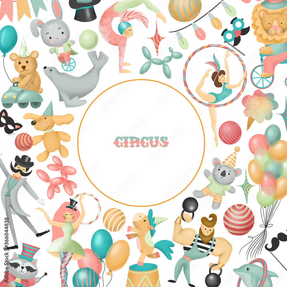 Round frame, card template with hand drawn circus actors, animals and ...