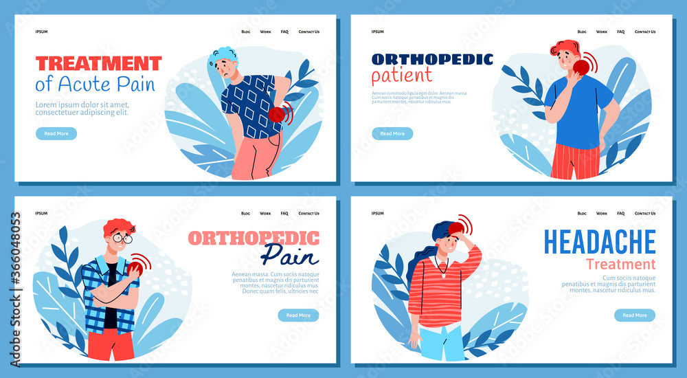 Acute orthopedic pain and headache treatment - medical banner set with ...
