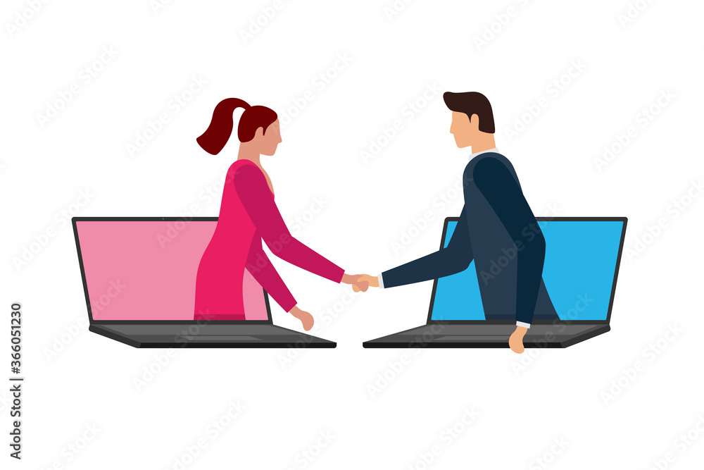 Business man and woman make deal on distance and shaking hands on ...