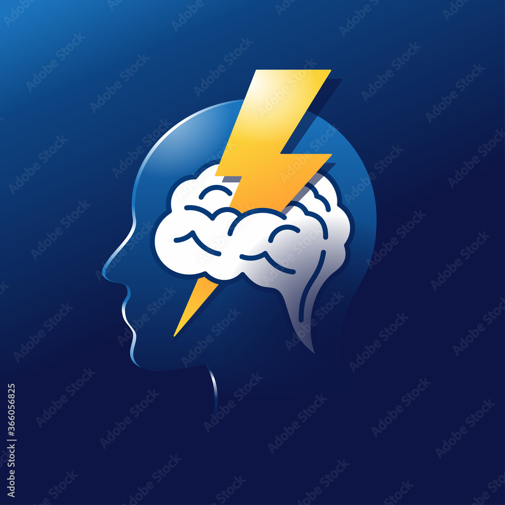 Brainstorm concept - human head profile with schematic lightning ...