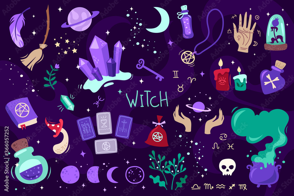 Colorful magic set of witch attributes. Tarot cards, potions and ...