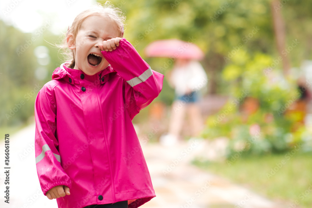Little kid girl screaming standing alone and get lost in park outdoors ...