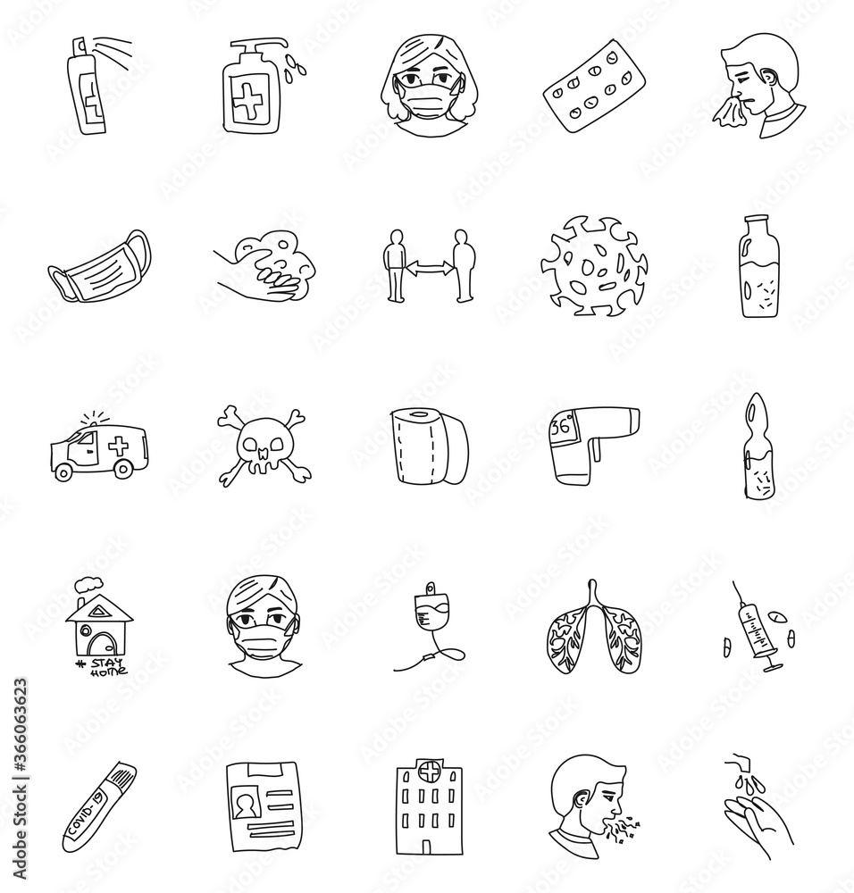 coronavirus hand drawn linear vector icons isolated on white background ...