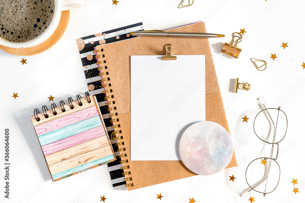 Desktop mock up planner. Flat lay of white working table background ...