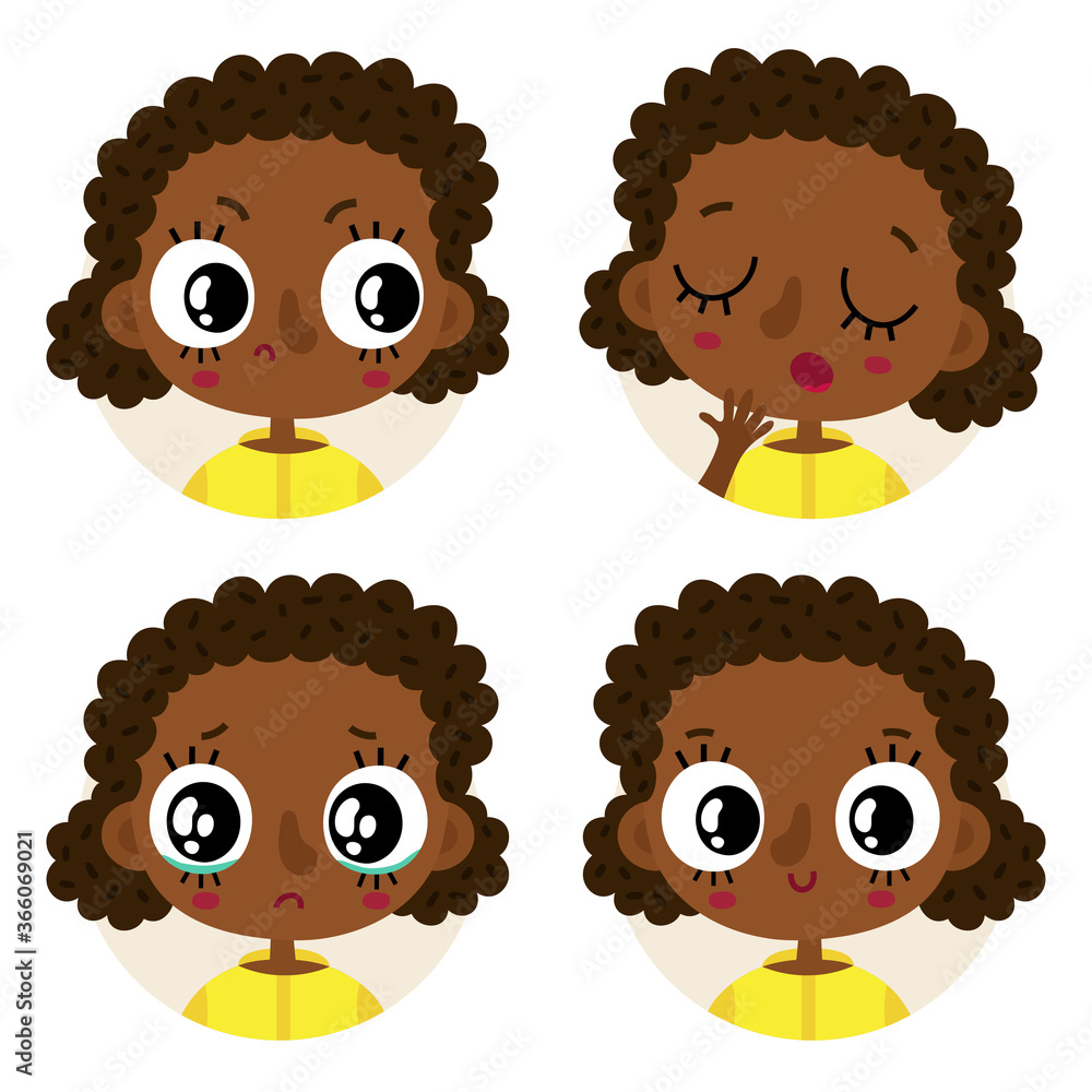 Cute vector set of four african american girl emotions and facial ...