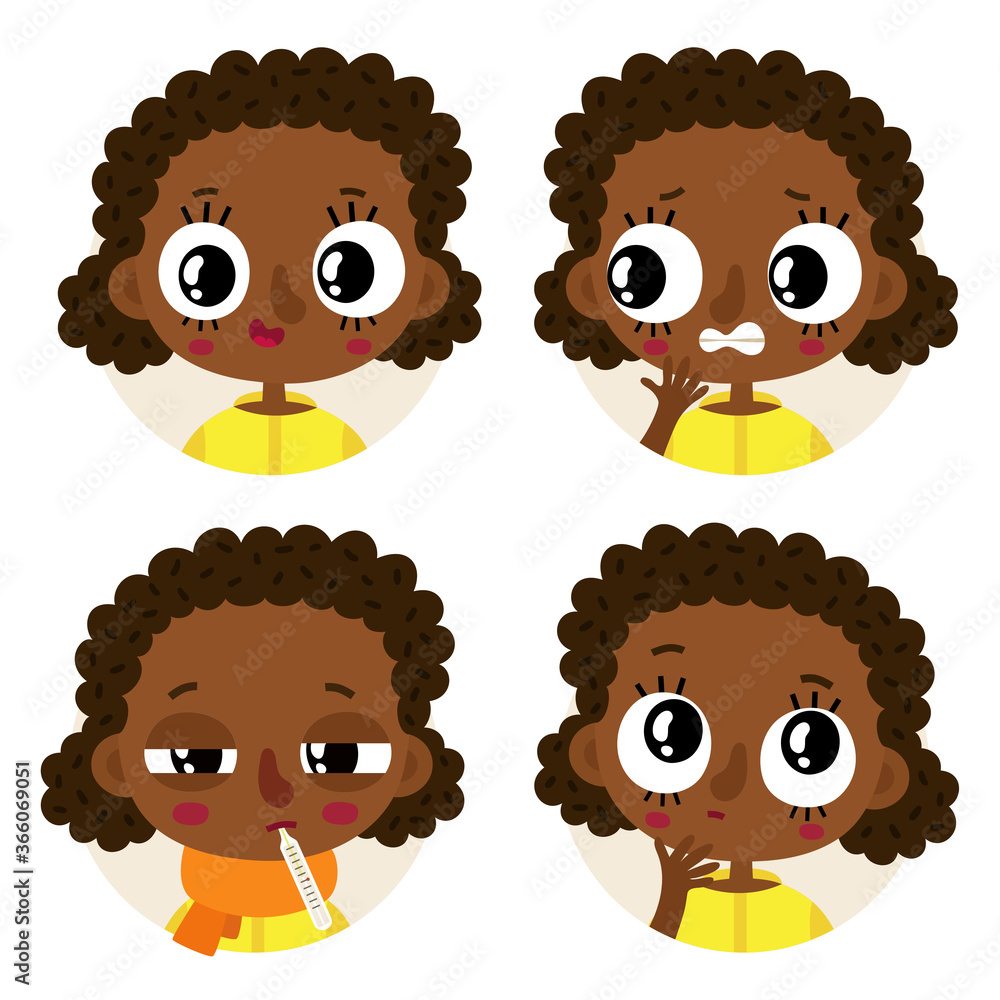 Cute vector set of four african american girl emotions and facial ...